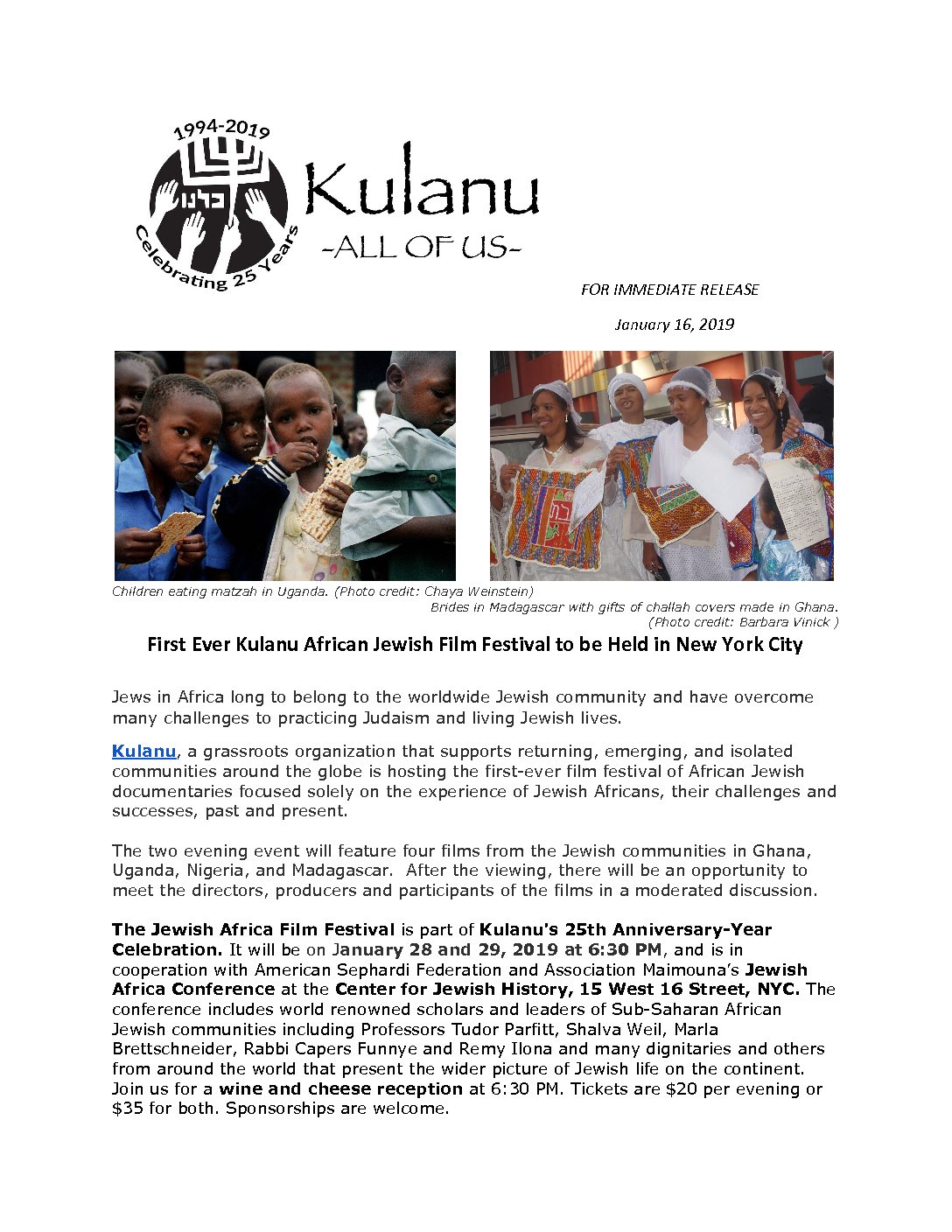 Kulanu Film Festival FOR IMMEDIATE RELEASE (1) | UTJ Viewpoints